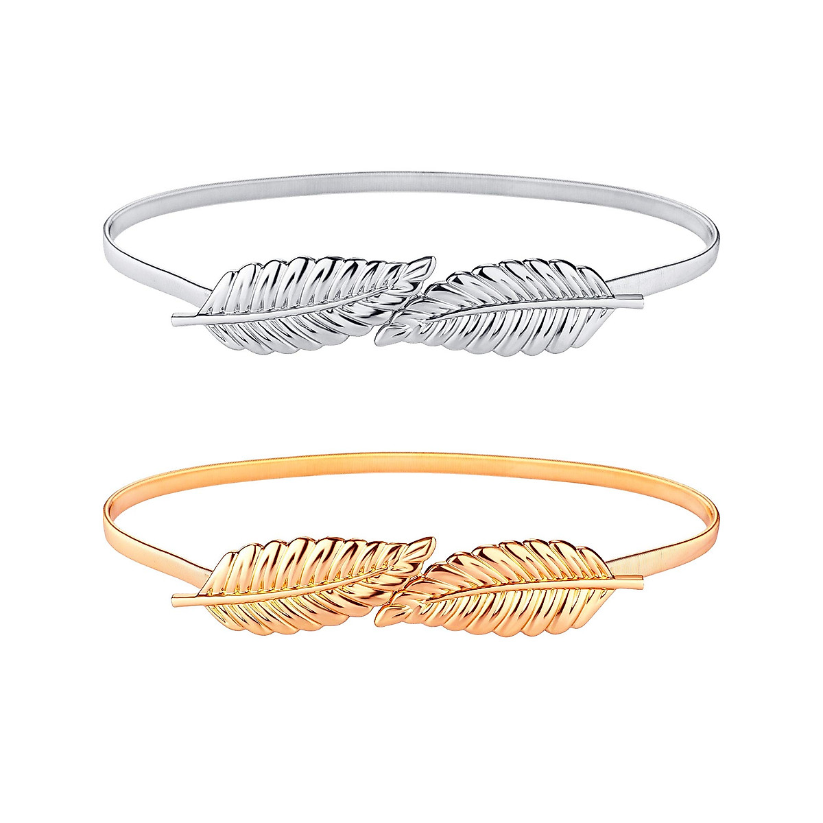 2 Pieces Women's Metal Chain Leaves Belt Skinny Elastic Stretchy Decorative Waistband Adjustable Interlock Buckle for Dress Jeans, Skirts and Pants, Silver and Gold