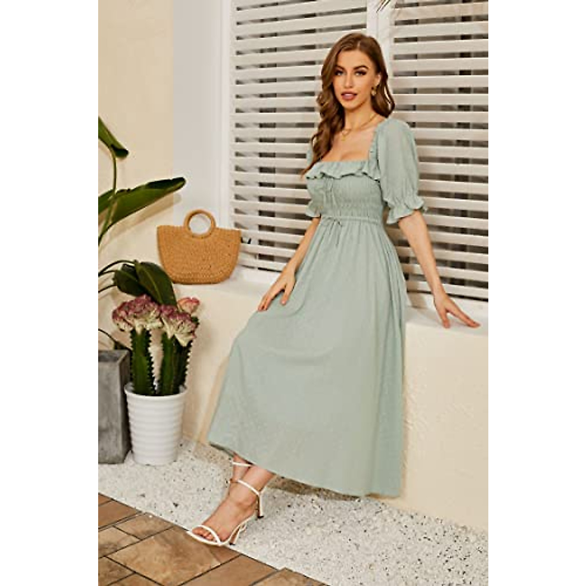 R.YIposha Women Vintage Elastic Square Neck Ruffled Half Sleeve Summer Backless Beach Flowy Maxi Dresses,16-18,Green