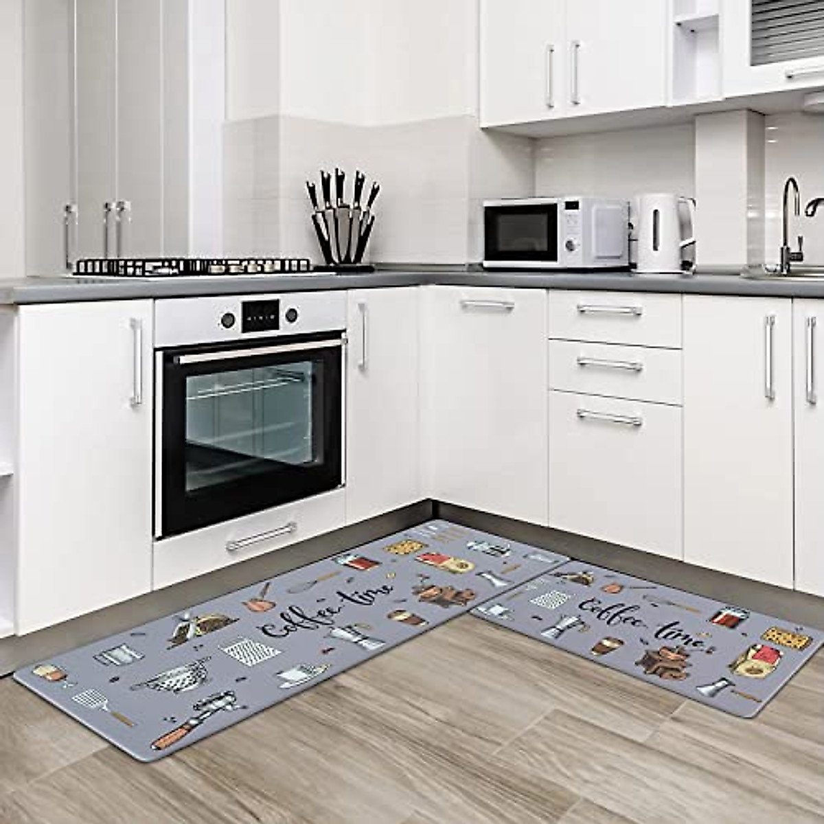 Alishomtll 2 PCS Kitchen Rugs and Mats,Cushioned Anti-Fatigue Kitchen Rugs, Waterproof Non-Slip Kitchen Mats, Washable Coffee Time Kitchen Mats for Floor Kitchen Laundry Office (17.3"x30"+17.3"x47")