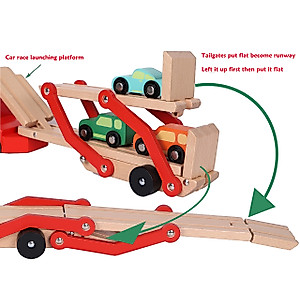 TOWO Wooden Car Transporter Toy Double Decker Trailer with 4 Cars ramp Racer - Wooden car Toy Truck Carrier for 3 Years Old Boys Vehicle Toys for Kids