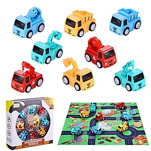 8 Pack Mini Cars Toys for Toddlers, 2,3 Years Old Boys with Play Mat, Friction Powered Construction Truck Toys for 2 Year Old Boys Play Set