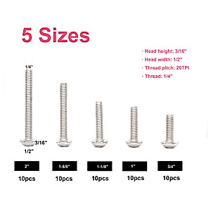 binifiMux 50pcs 1/4-20 Inch Round Head Phillips Machine Screws Assortment Kit, 304 Stainless Steel Silver Tone, 1/4 x 3/4,1,1-1/8,1-5/8,2 Inch