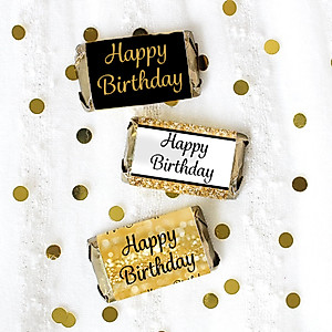 Happy Birthday Party Miniatures Candy Bar Wrapper Stickers - Gold and Black - 45 Count