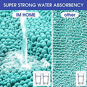 ACCUMTEK Striped Teal Green Bathroom Rug Set 3 Pieces Ultra Soft, Non Slip Chenille Toilet Mat, Absorbent Plush Shaggy Bath Mats for Bathroom, Bedroom, Kitchen, Turquoise