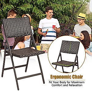 Tangkula 2 Pieces Patio Rattan Folding Dining Chairs, Outdoor Wicker Folding Chairs with Anti-Rust Steel Frame, Portable Patio Furniture Bistro Chairs for Garden, Poolside and Backyard