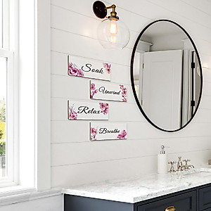 4 Pieces Bathroom Decor Relax Soak Unwind Breathe Wall Art Rustic Farmhouse Wooden Signs for Bathroom Home Spa Laundry Room (Pink)