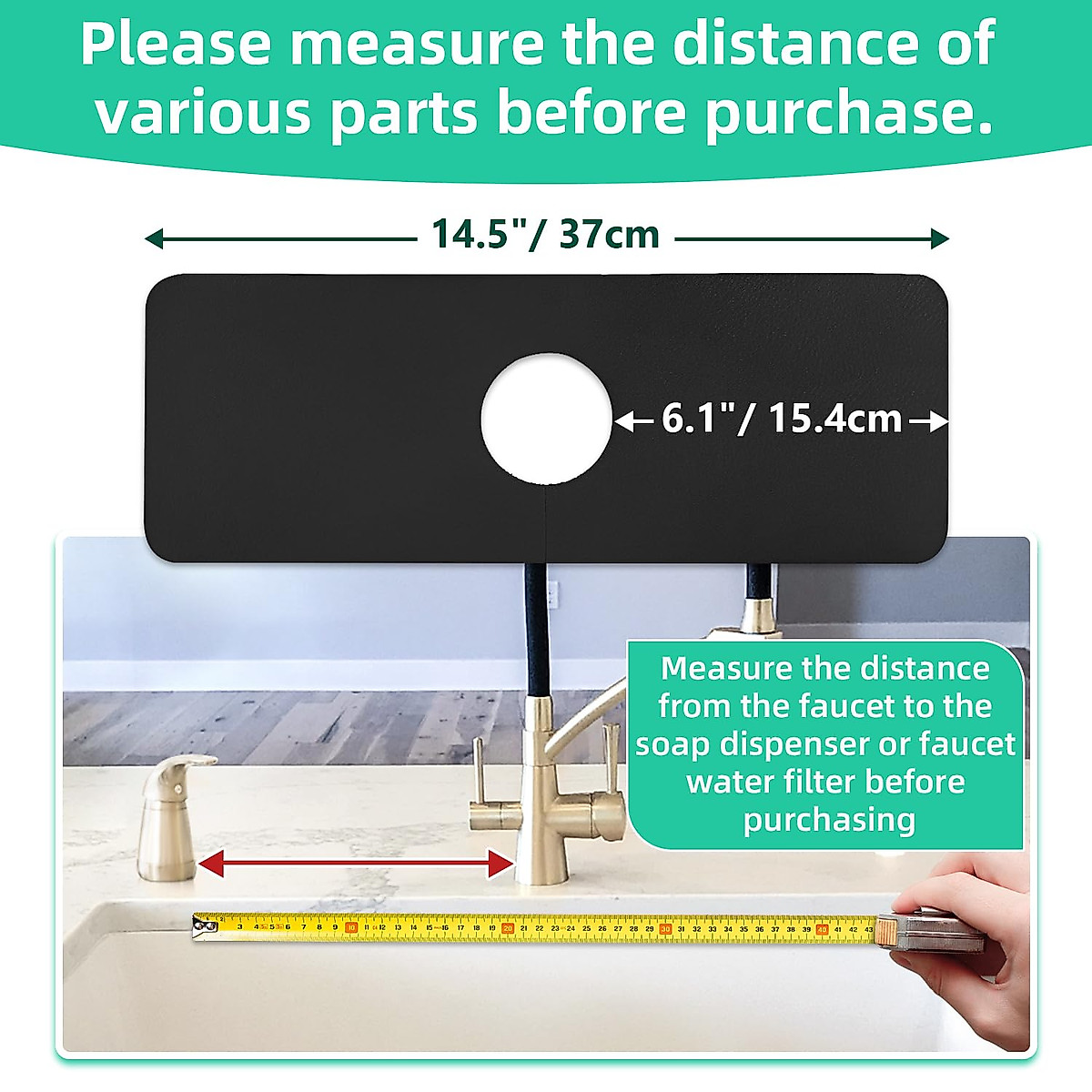 LOPNUR Faucet Mat for Kitchen Sink, 14.5 inch Cuttable Sink Water Splash Guard Behind Faucet, Kitchen Sink Faucet Mat Splash Guard with Super Absorbent Diatomite 14.5''x5.5'' (Black, 1 Pack)