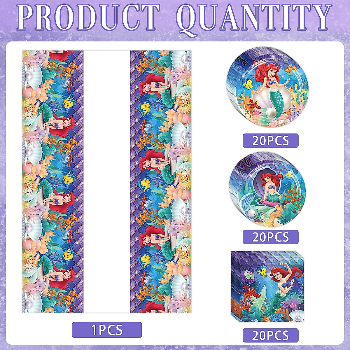 61 PCS PCS Mermaid Birthday Party Supplies, Princess Ariel Tableware Set Includes 40 PCS Plates, 20 PCS Napkins, 1 Tablecloth, for Boys Girls Birthday Party Baby Shower Decorations