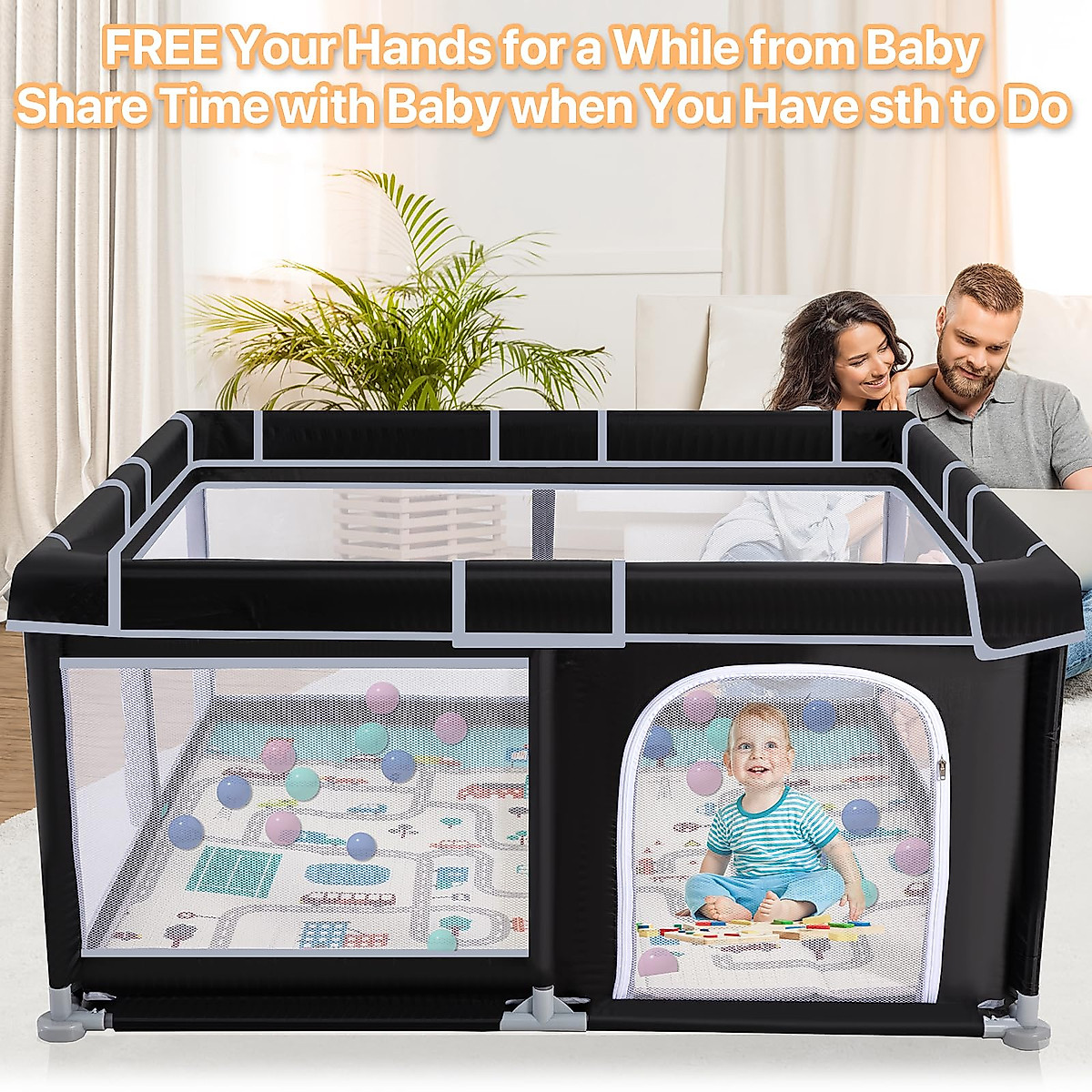 Baby Playpen with Mat, 50”×50” Playpen, Durable and Secure Baby Play Pen, Indoor & Outdoor Kids Activity Play Center, Equipped with Anti-Slip Suckers and a Zipper Gate, Anti-Fall（Black）