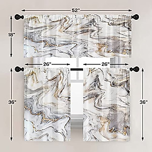 Tayney Marble Kitchen Curtains White Grey Gold Window Curtains and Valances Set 36 Inch, Abstract Texture Art Short Tier Curtain for Kitchen, Modern Luxury Small Kitchen Decor