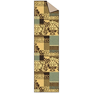 Machine Washable Damask Design Non-Slip Rubberback 3x10 Traditional Runner Rug for Hallway, Kitchen, Bedroom, Living Room, 2'7" x 9'10", Brown/Green