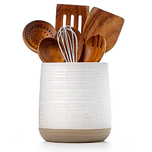 Officepal 6.8" Large Ceramic Kitchen Utensil Holder - Utensil Holder for Kitchen Counter, Modern Farmhouse Style Utensil Holder for Spoons, Spatulas & Cooking Tools (White)