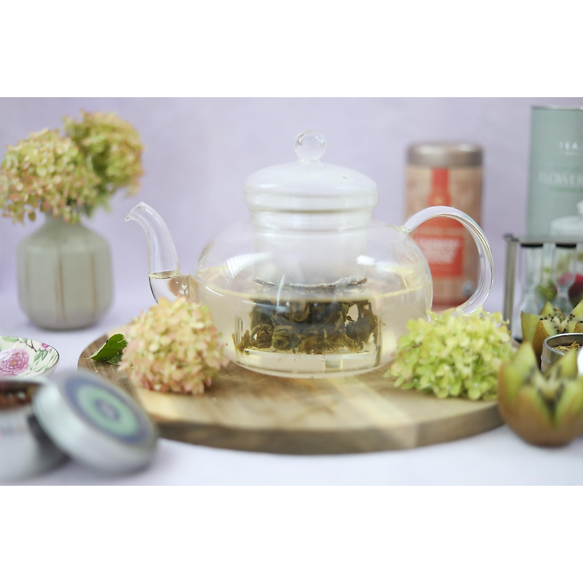 Teabloom Heatproof Glass Teapot Set with Removable Loose Tea Infuser (Standard Size: 32oz/946ml) and Four Borosilicate Glass Teacups (7oz/207ml) - Lead-free Blossoms Glass Tea Set