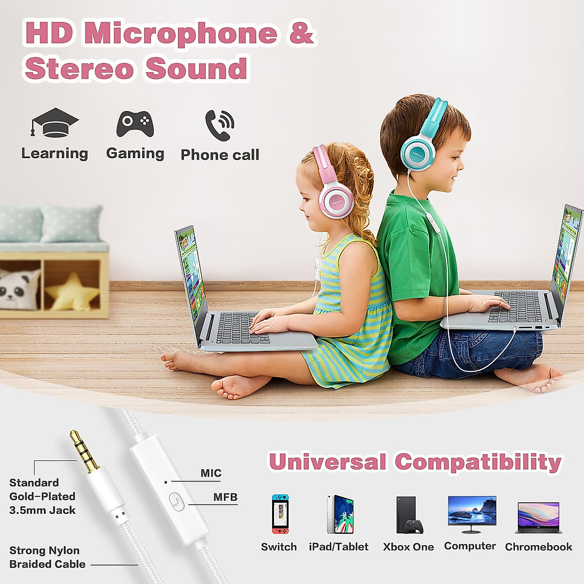 SIMOLIO Wired Headphones for Kids with Mic & Share Port, 75dB/85dB/94dB Volume Limit Children Headphone with Portable Bag for School/Travel, Sturdy Headband, Stereo Sound, Tangle-Free Cord (SM-903P)