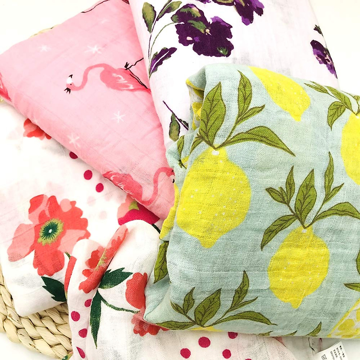 HGHG 4 Pack Organic Cotton Muslin Baby Blankets Bedding Infant Swaddle Towel Multifunctional Envelopes 47x47 Floral Orange Flamingo Plus a BurpCloth (Good Luck)