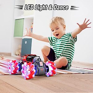 Powerextra LED Remote Control Car, 4WD 2.4GHz Gesture Sensing Rc Stunt Car, Double Sided 360°Rotating Transform Off Road Car with Light, Toy Cars for 6-12 Year Old Boys & Girls - Red