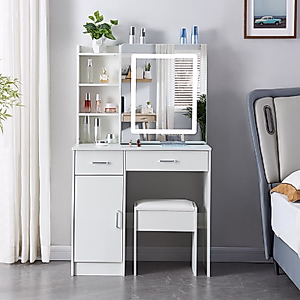 Logimiz Vanity Desk with Mirror and Lights-3 Colors and Brightness Adjustable, Girls Makeup Vanity with Hiding Shelves, White Vanity Set with Cabinets, Drawers and Cushioned Stool