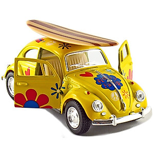 Set of 4: 5" Classic Volkswagen Beetle with Decal and Surfboard 1:32 Scale (Black/Blue/Red/Yellow)