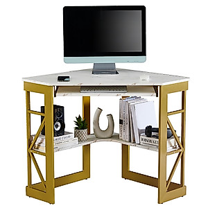 VECELO Corner Desk Computer Desk Writing Table with Smooth Keyboard Tray & Storage Shelves,Compact Home Office Triangle Table,Gold & White