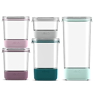 Ello Airtight Food Storage Plastic Canisters with Non-Slip Base Locking Lids and Labels, Set of 5, Mixed Set, Garden Goals & Duraglass Baking Dish, 9x13-3Qt, Tropical Violet