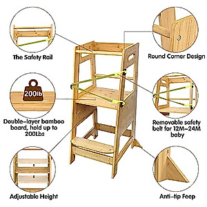 XiaZ Kids Kitchen Step Stool, Bamboo Toddler Standing Tower Height Adjustable Wood Helper Tower with Safety Belt for Kids Kitchen Learning Counter Bathroom Sink
