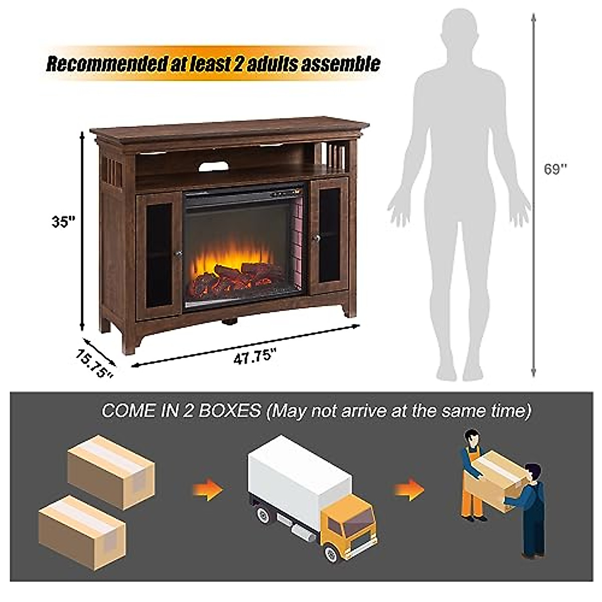 Fireplace TV Stand Electric Fireplace, 48" Media Entertainment Center with Farmhouse Storage Cabinet, TV Console Table for TVs up to 55"