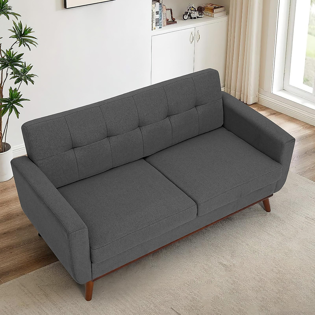 Nansiee 65" Linen Fabric Loveseat Sofa with Tufted Backrest, 2-Seat Mid Century Couch with Wooden Legs, Modern Small Sofa with Upholstered Cushions for Living Room, Bedroom, Small Spaces, Grey