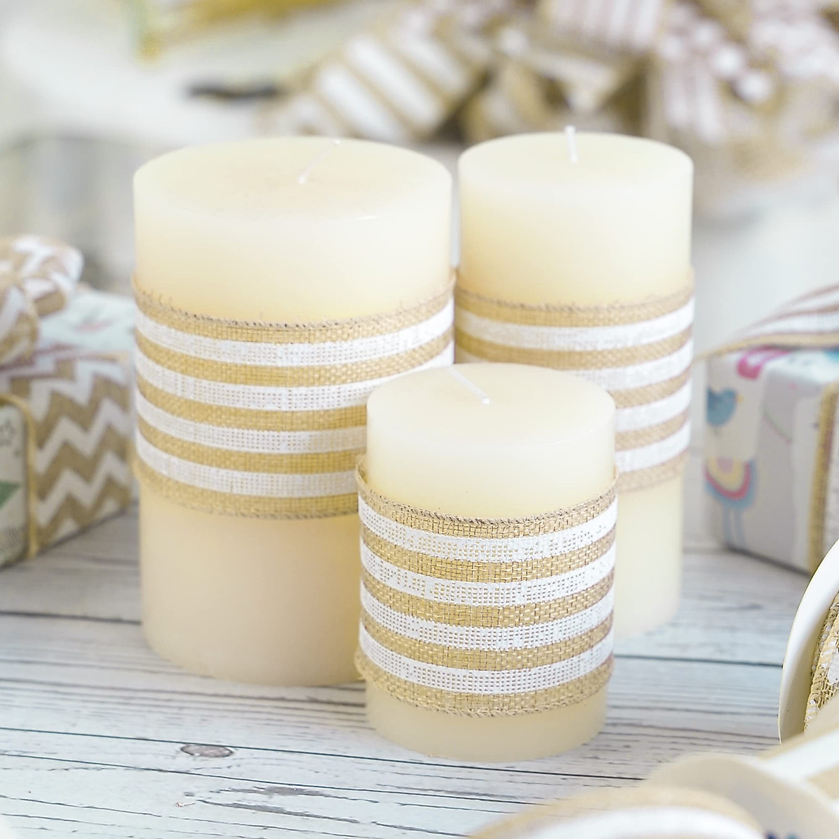 MEEDEE Burlap Wired Ribbon with White Stripe Burlap Ribbon 2.5 Inch Wired Ribbon for Cakes Gift Basket Bow Wreath Ribbon for Rustic Front Door Wreath Baby Shower Beach Farmhouse Decor, 10 Yards