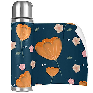 Stainless Steel Leather Vacuum Insulated Mug Flower Thermos Water Bottle for Hot and Cold Drinks Kids Adults 16 Oz