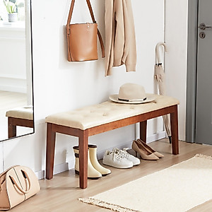 MILCIL Ottoman Bench Upholstered Padded Seat with Solid Wood Legs and Button-Tufted, Faux Leather Ivory