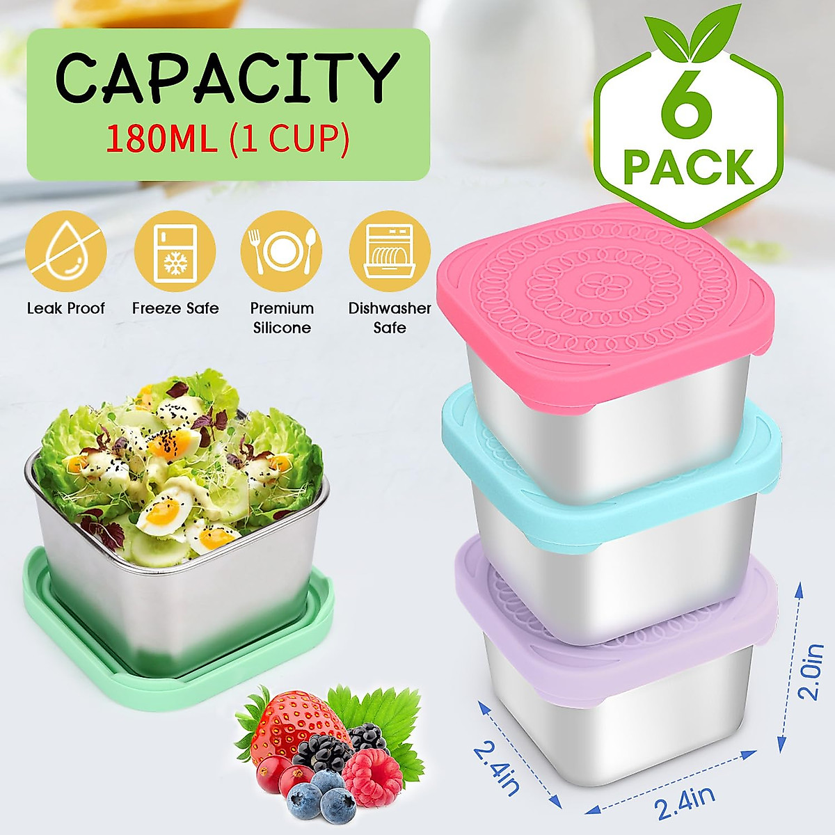 6PACK 6OZ Stainless Steel Snack Containers, Leak Proof 304 Stainless Steel Sauce Food Lunch Box Storage Containers with Silicone Lids Stackable Reusable Small Metal Lunch Bento Boxes Set, Easy Open