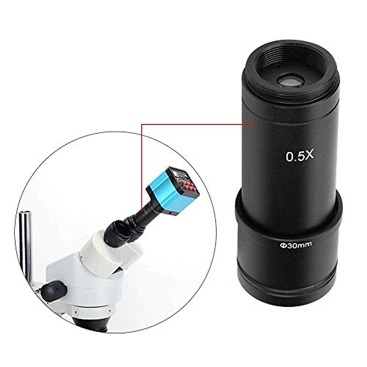 Hakeeta Microscope Adapter, 0.5X C-Mount Reduction Lens Eyepiece Lens 23.2mm Mounting with 30mm 30.5mm Ring Adapter Applicable for Biomicroscope Stereo Microscope, CCD Camera and Digital Eyepiece.