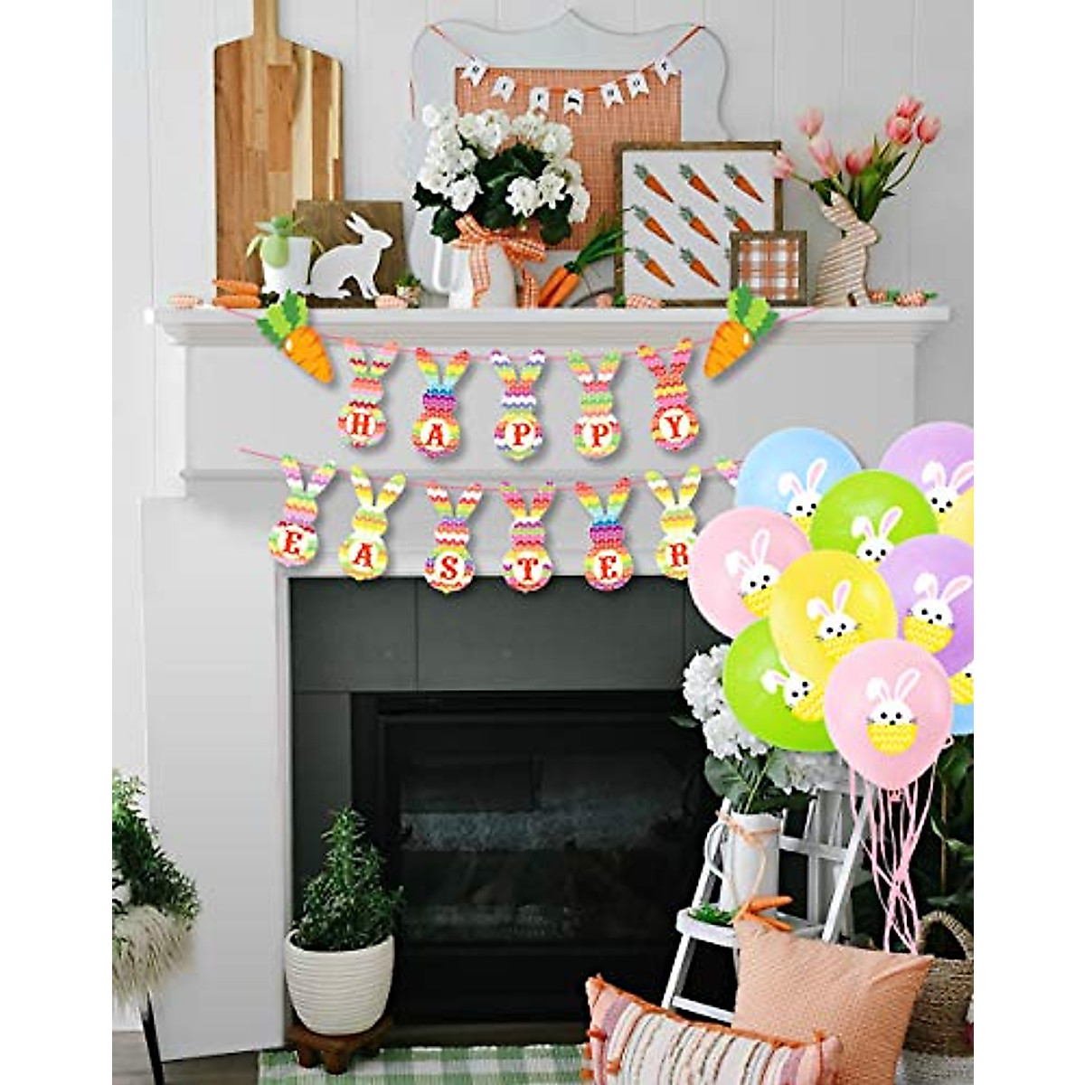 Easter Banner and Balloons Decorations, Happy Easter Bunny Banner Garland and 20 Pcs Bunny Pattern Balloons for Easter Home Decor Party Supplies (A)
