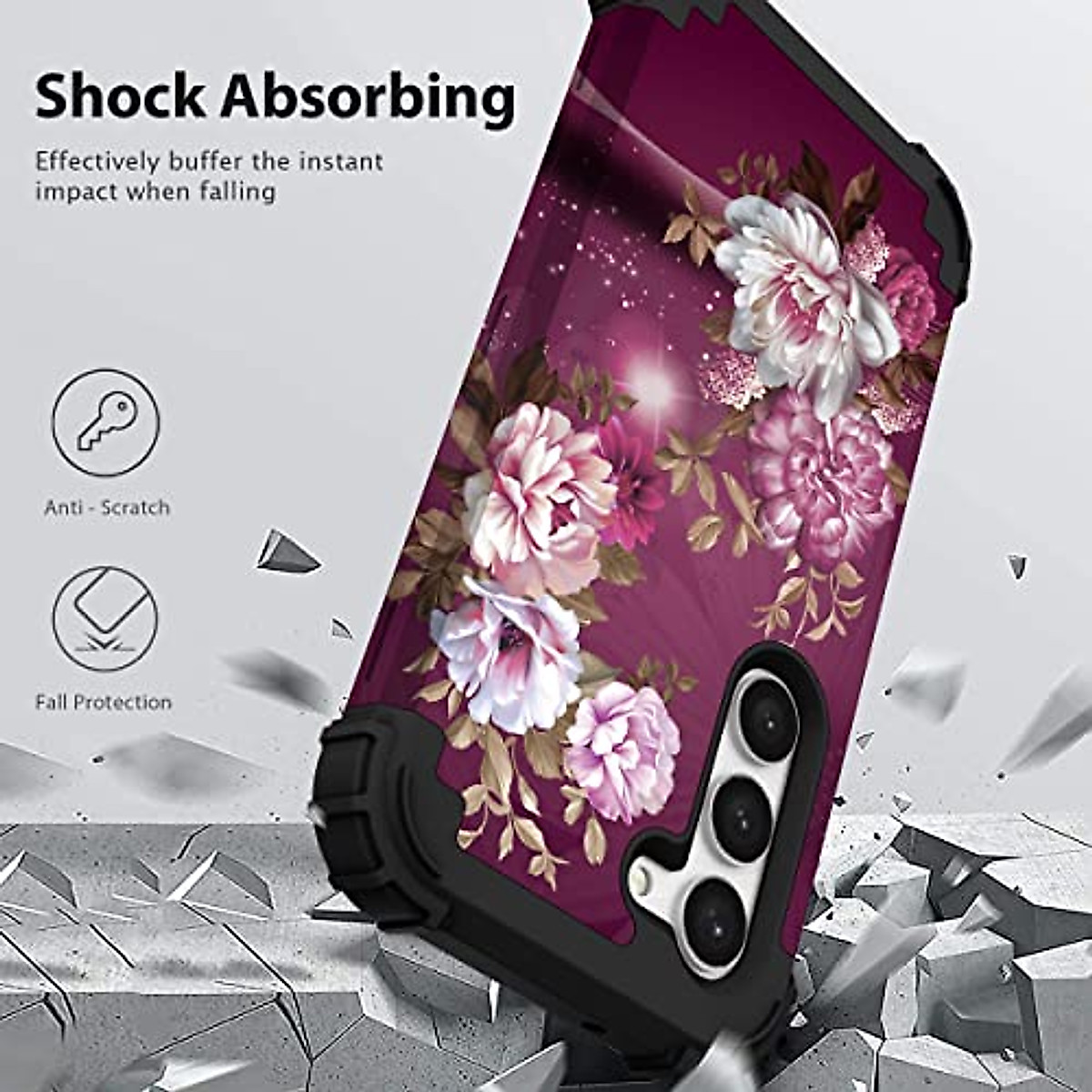 Hocase for Galaxy S23 Case, Shockproof Heavy Duty Protection Soft Silicone Rubber Bumper+Hard Plastic Hybrid Protective Case for Samsung Galaxy S23 (6.1" Display) 2023 - Royal Purple Flowers