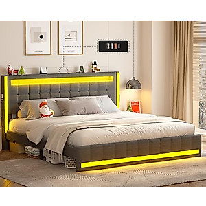 Dnxao Queen LED Bed Frame with USB Charging Station, Upholstered Platform Queen Size Bed Frame with LED Lights Headboard Footboard, Heavy Duty Metal Slats, No Box Spring Needed, Dark Grey