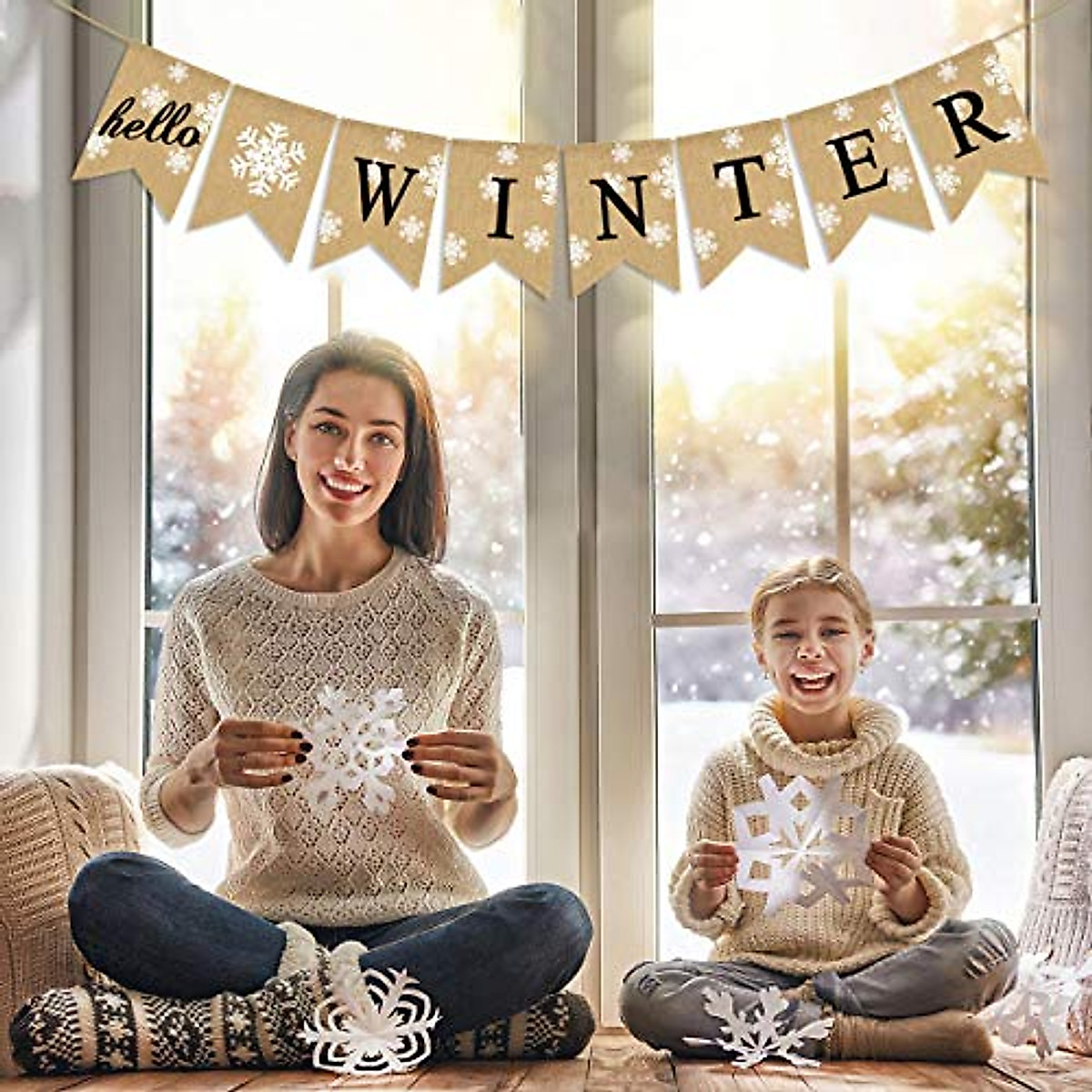 Jute Burlap Hello Winter Banner Snowflake Christmas Holiday Mantel Fireplace Bunting Garland Decoration