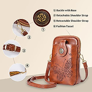 PCORES Crossbody Cell Phone Purse for Women, Mini Leather Cute Butterfly Pattern Bag, Lightweight Purse for Ladies Girls (Coffee)
