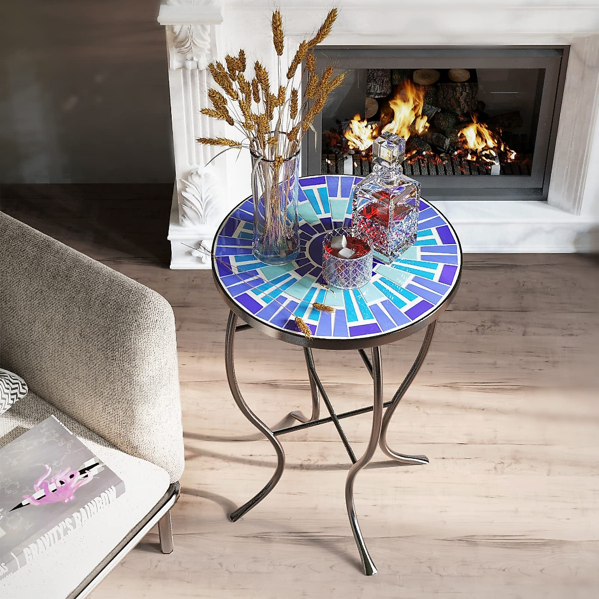 FROMJBEST Mosaic Outdoor Side Table, Patio Side Table, Weather Resistant 14" Diameter 21" H Ceramic Tile Round Outside Table for Patio, Porch, Garden, Pool, Indoor&Outdoor,Plant Stand (Vortex)