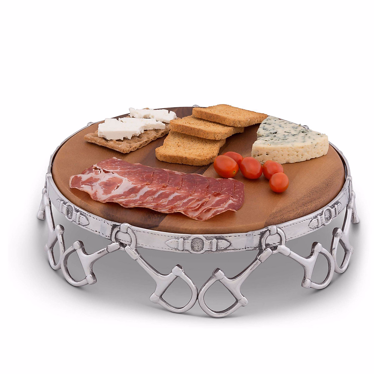 Arthur Court Aluminum Alloy Equestrian D-Ring Pattern Pedestal Cheese/Cake Stand with Removable Acacia Board 13 Inch Diameter