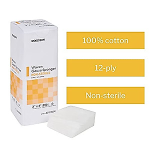 McKesson Woven Gauze Sponges, Non-Sterile, 12-Ply, 100% Cotton, 3 in x 3 in, 200 Per Pack, 20 Packs, 4000 Total