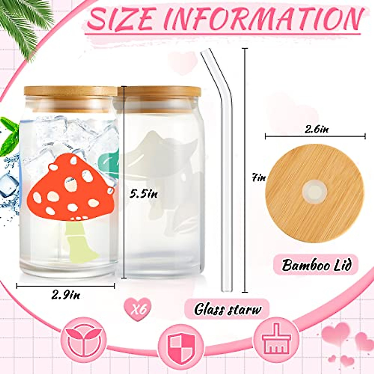 Vesici 6 Pack Color Changing Glasses with Bamboo Lid and Glass Straw Drinking Glasses Mushroom Can Shaped Glass Cups 16 oz Beer Glasses Tumbler Cup Reusable Glass Drinking Straws for Juice Milk Water