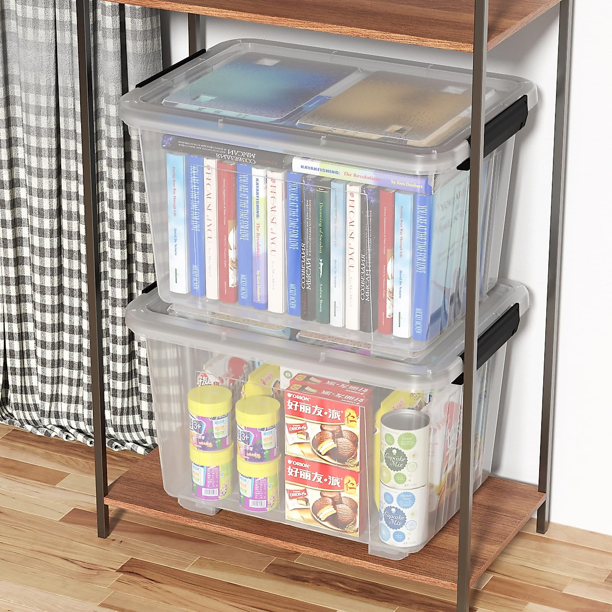 DynkoNA 4-Pack 50 Quarts Plastic Storage Box with Wheels, Clear Latch Bins with Lids