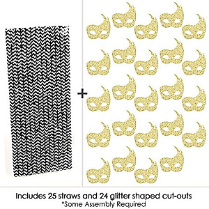 Big Dot of Happiness Gold Glitter Masks Party Straws - No-Mess Real Gold Glitter Cut-Outs & Decorative Masquerade Mardi Gras Party Paper Straws - Set of 24