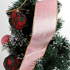 Pink Wide Velvet Ribbon Wired for Christmas Tree, Garland, Wreath, 2.5 Inch 5 Yards