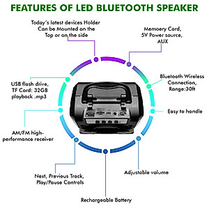 Technical Pro Rechargeable LED Bluetooth Speaker with USB, SD card, FM Radio, Perfect Travel Comfortable Portable Speaker with Carry handle, 2 Dual 4" (10.2cm) Subwoofers
