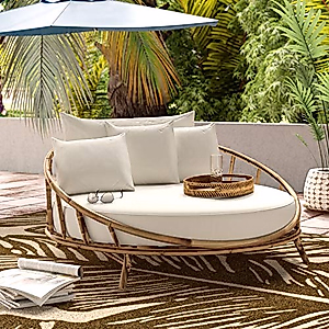ZEW Bamboo Round Daybed Outdoor Indoor Large Accent Sofa Chair Lawn Pool Garden Seating with Cushion and Pillows Sofabed, Natural