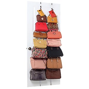 Jokari Heavy Duty Over The Door 16 Hook Purse Rack. Self Adjustable Elastic Straps with Moveable Metal Chrome Hooks to Store, Organize and Display Bags, Scarves or Hats and Save Closet Storage Space.