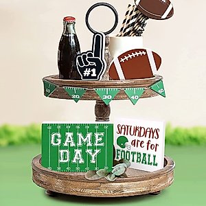 Satiable Football Party Decorations, 4 Pcs Football Tiered Tray Decor, Saturday are for Football Wooden Signs Game Day Wood Block Farmhouse Rustic Tiered Tray Items for Home Kitchen Table Bookshelf