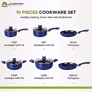 Pots and Pans Set,Aluminum Cookware Set, Nonstick Ceramic Coating, Fry Pan, Stockpot with Lid, Blue,10 Pieces