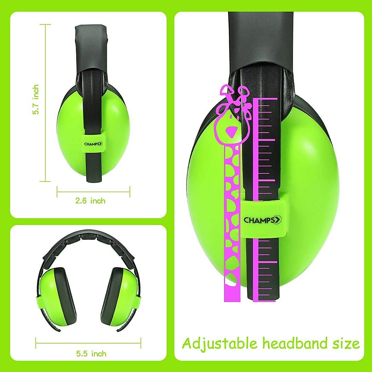 CHAMPS Baby Ear Muffs, Baby Earmuff Noise Protection Reduction Headphones for 0-3 Years Babies, Toddler, Infant, Safety Hearing Ear Muff Shooting Range Hunting Season [Green]